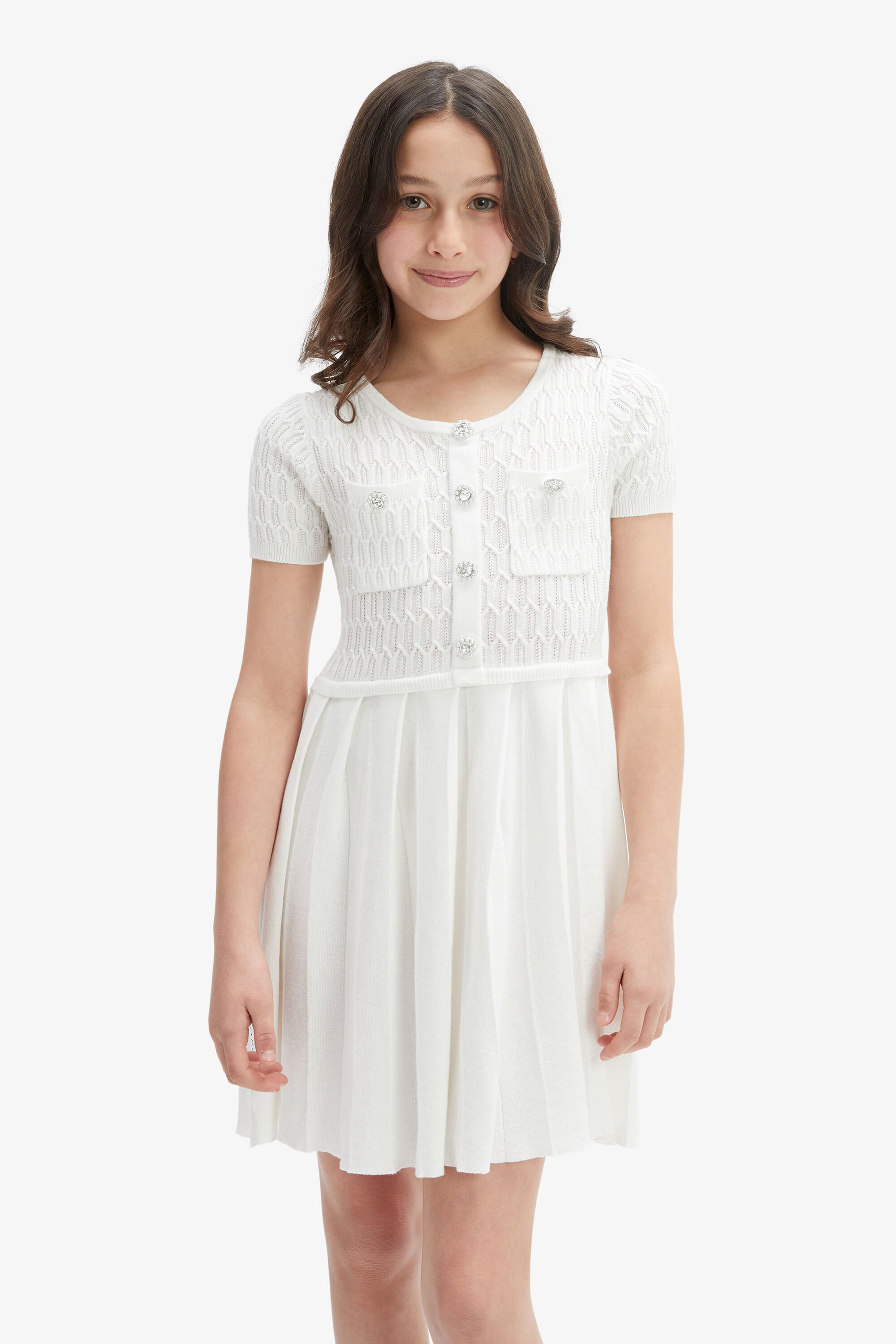 Girls Pleat Knit Mini Dress In Ivory | Bardot Junior
