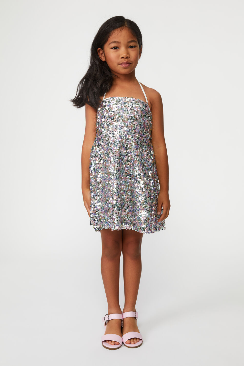 Girls Sequin Halter Dress in Rainbow